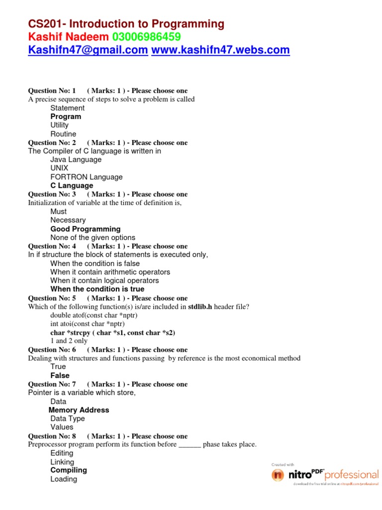 Allinone CS201 | PDF | Pointer (Computer Programming) | C (Programming ...