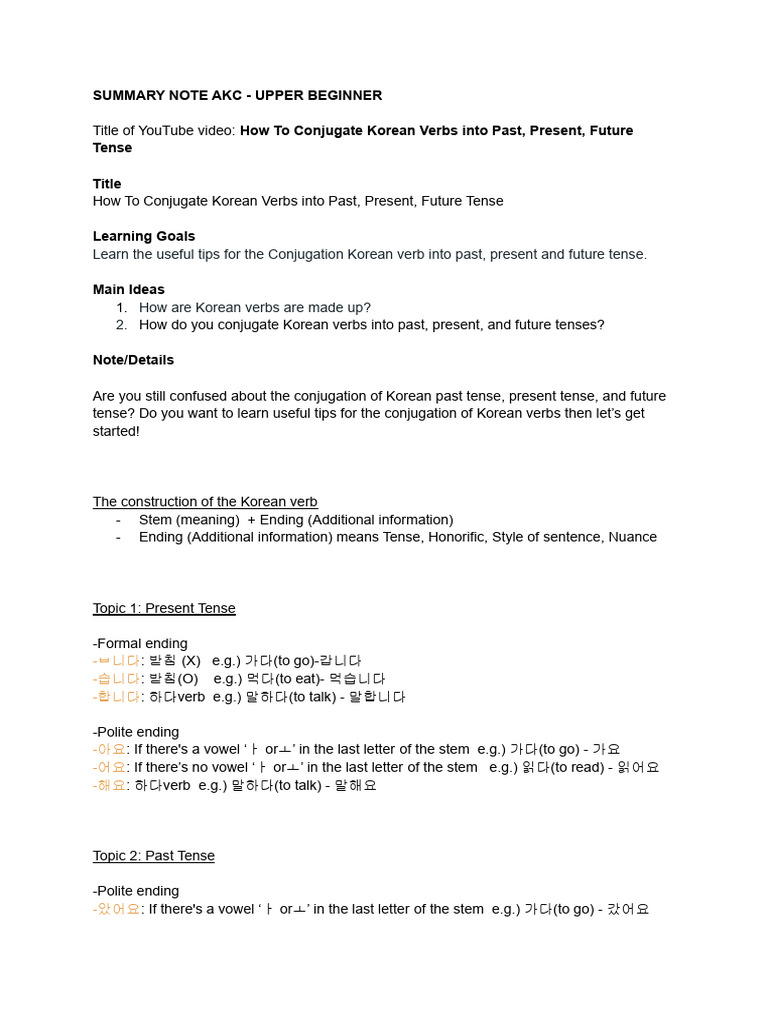 Korean Verb Conjugation Guide | PDF | Grammatical Tense | Grammatical ...