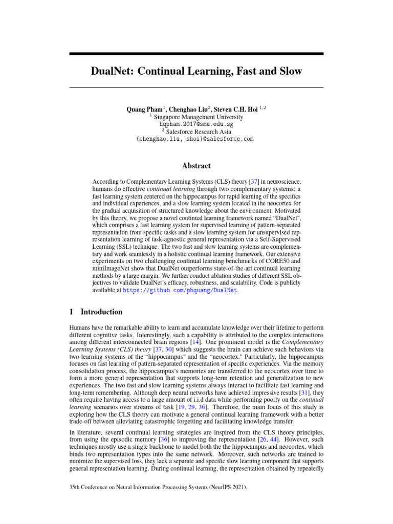 NeurIPS 2021 Dualnet Continual Learning Fast and Slow Paper | PDF | Learning | Memory