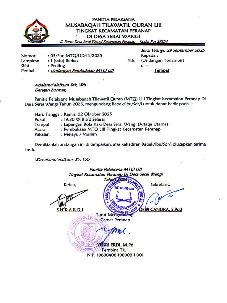 Undangan MTQ Tingkat Kecamatan Peranap | PDF