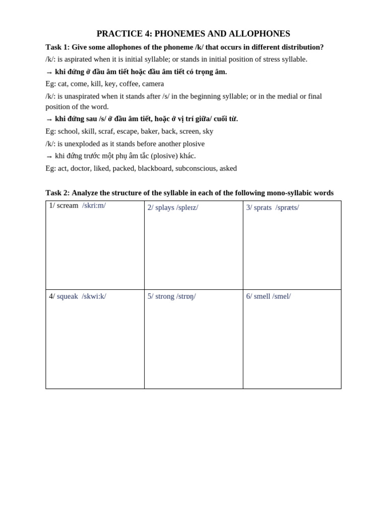 PRACTICE 4 - Allophones Vs Phonemes | PDF