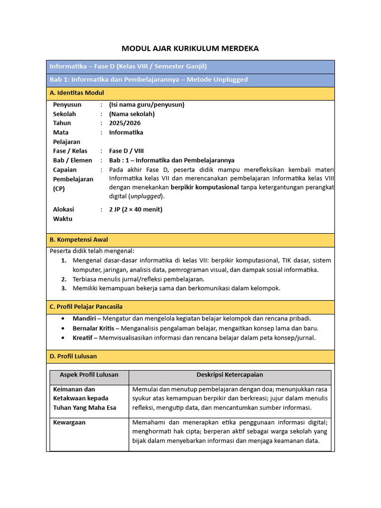 Modul Ajar Informatika Bab 1 Kelas VIII Kurikulum Merdeka | PDF