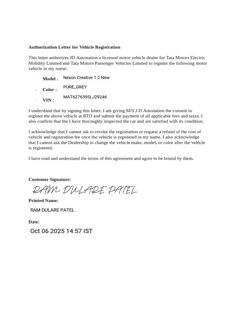 Authorization for Tata Vehicle Registration | PDF
