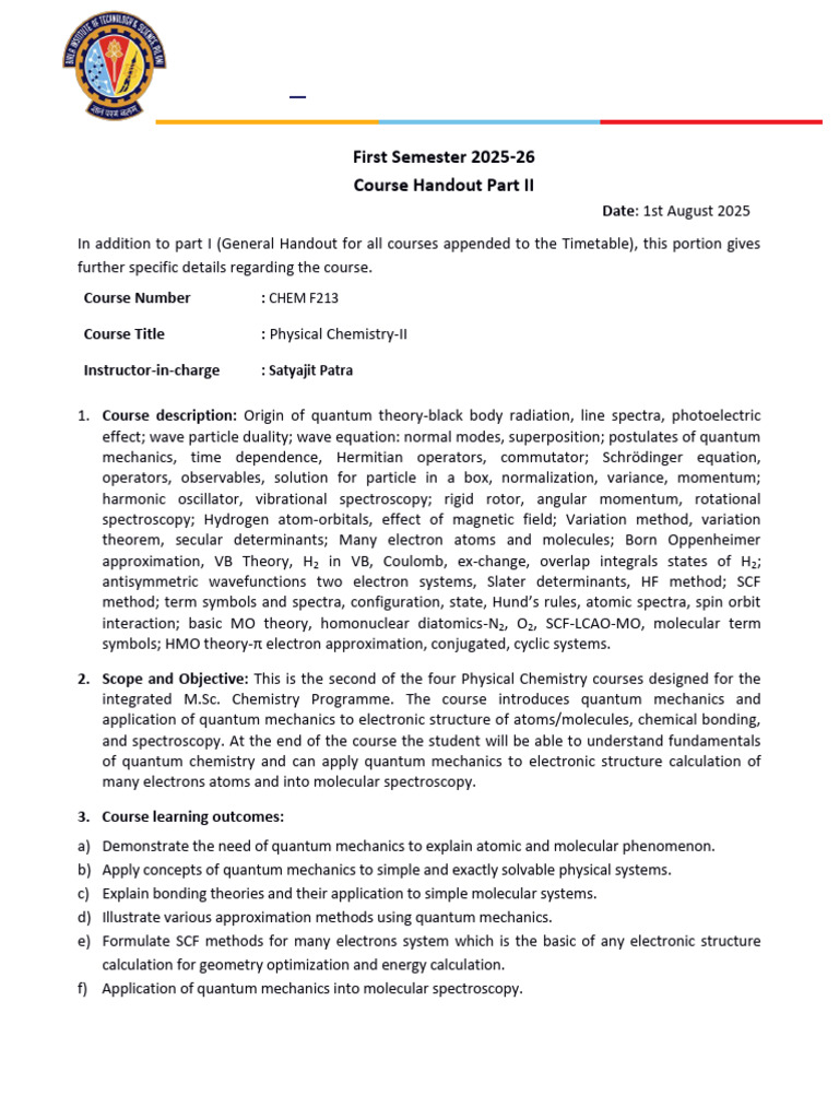 Course Handout PCII | PDF | Quantum Mechanics | Wave Function