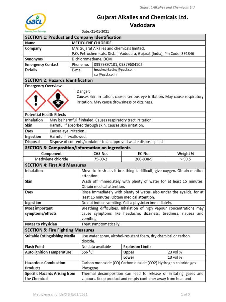MSDS for Methylene Chloride | PDF | Magnesium | Carbon Dioxide
