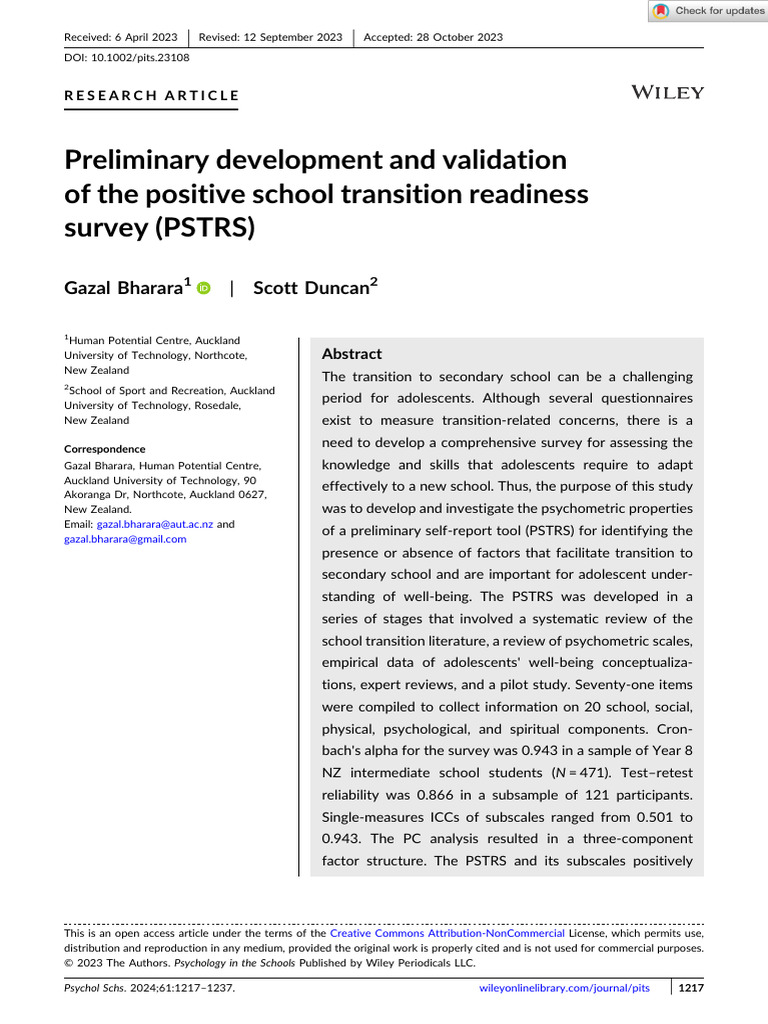 Positive School Transition Readiness Survey | PDF | Psychometrics ...