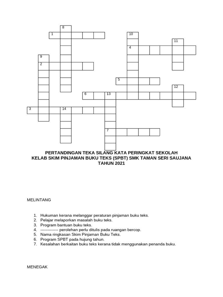 Pertandingan Teka Silang Kata SPBT 2021 | PDF