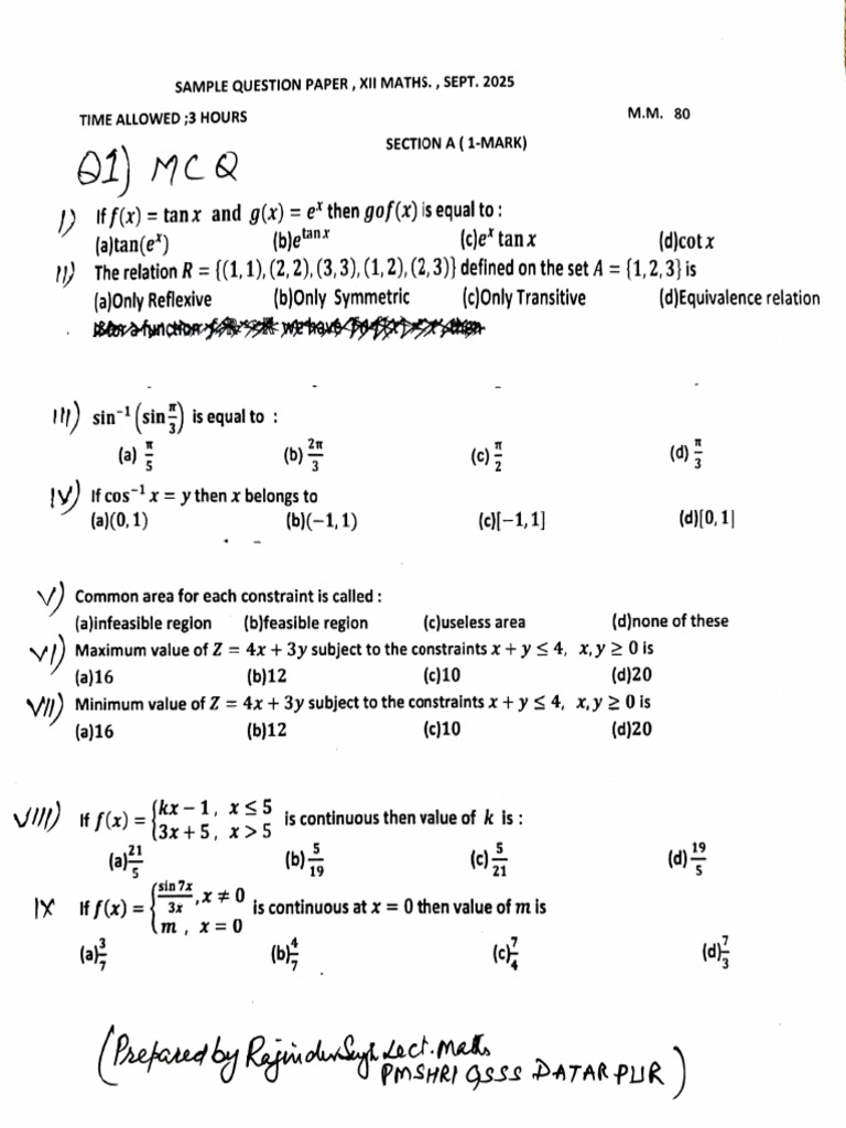 XII Maths. Sample Q.P. Sept.25 | PDF | Sphere | Area