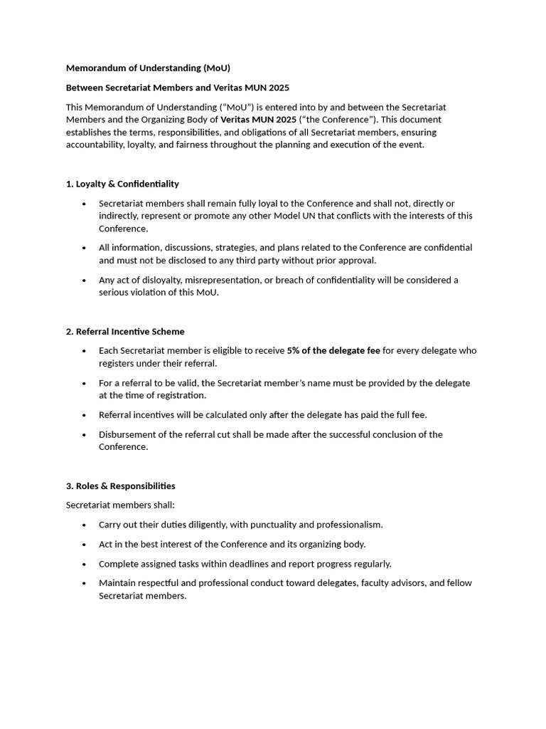 MoU for Veritas MUN 2025 Secretariat | PDF | Memorandum Of ...