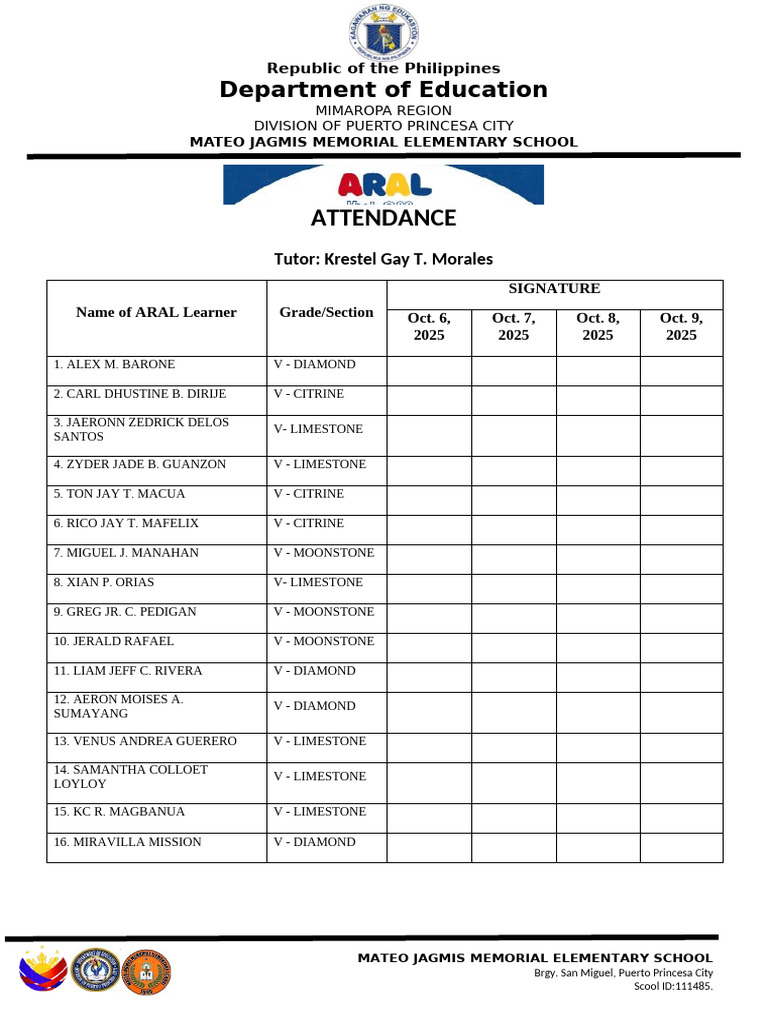 Aral Learners Attendance | PDF