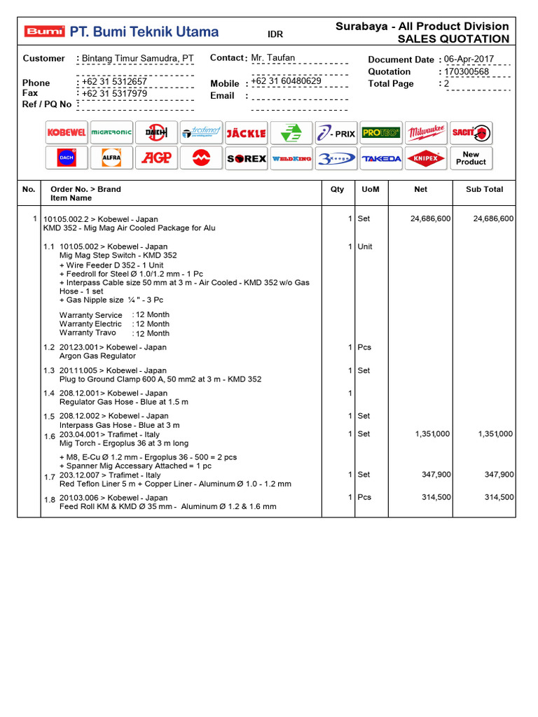 Quotation To Bintang Timur Samudra, PT | PDF | Manufactured Goods ...