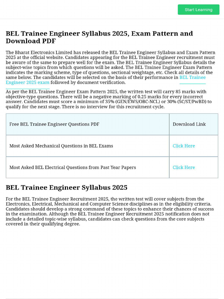 BEL Trainee Engineer Syllabus 2025, Exam Pattern and Download PDF | PDF