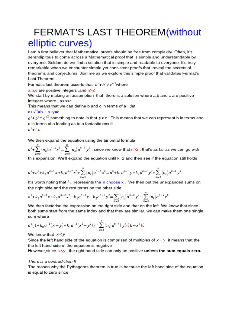 Simple Proof of Fermat's Last Theorem | PDF | Fermat's Last Theorem ...