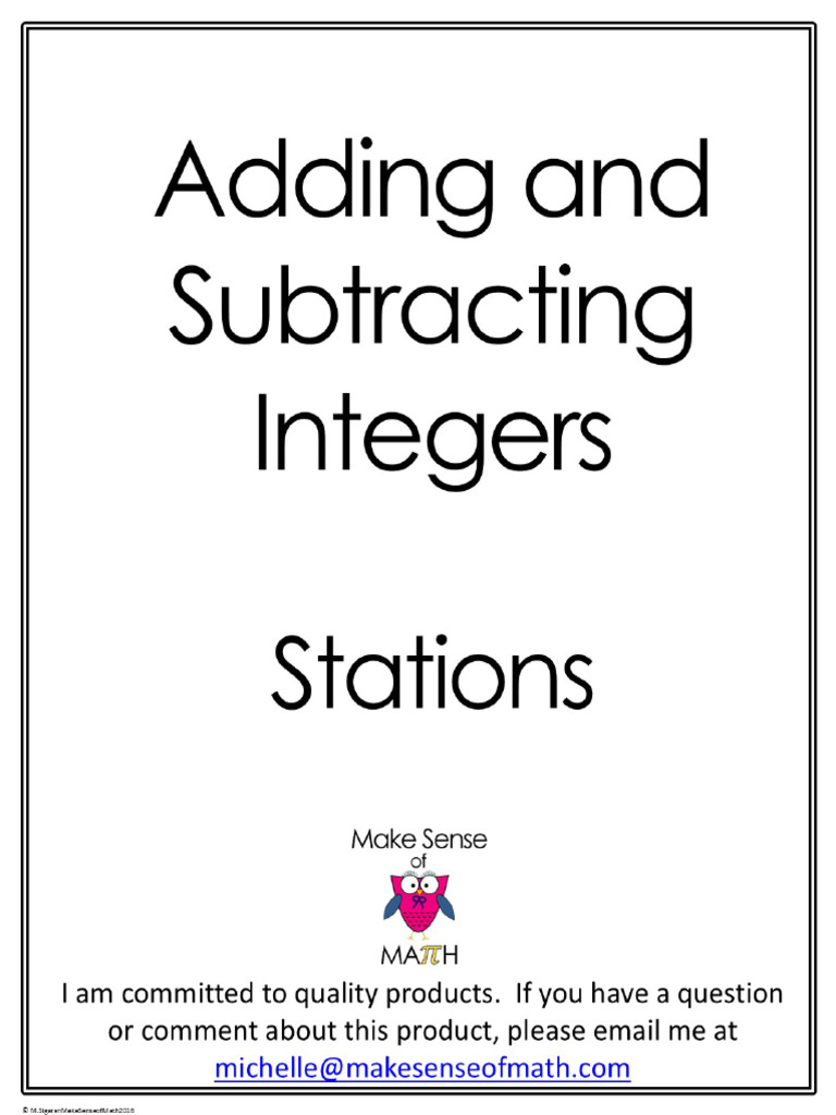 Adding and Subtracting Integers Math Stations Make Sense of Math 2 | PDF