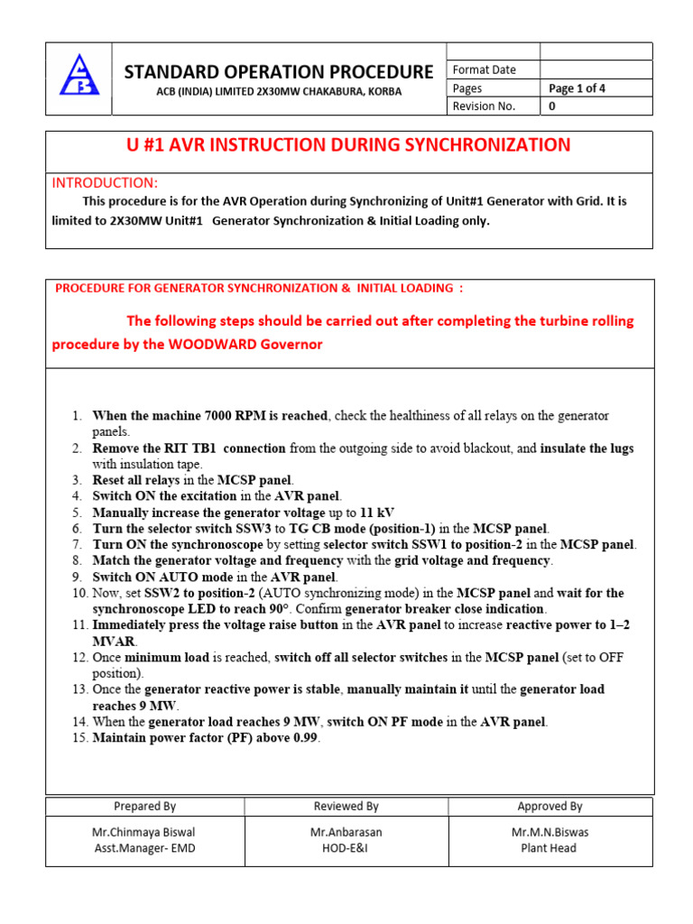 AVR Synchronization SOP for Unit #1 | PDF | Electric Generator ...