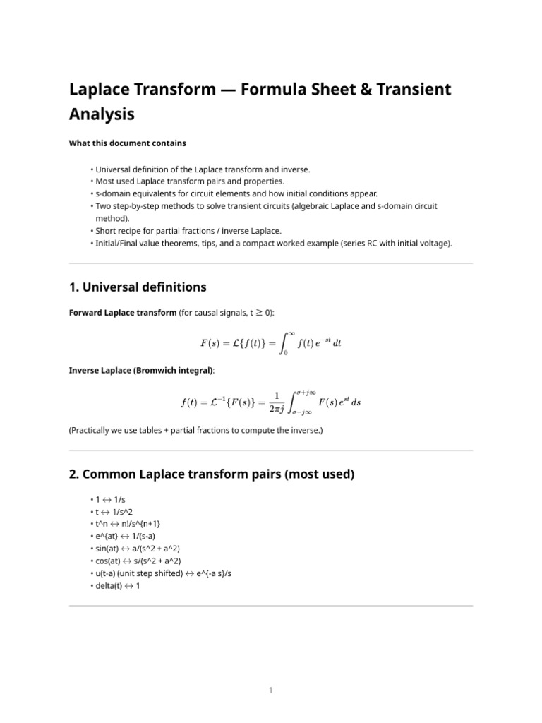 Laplace Transform — Formula Sheet & Transient Analysis | PDF | Laplace ...