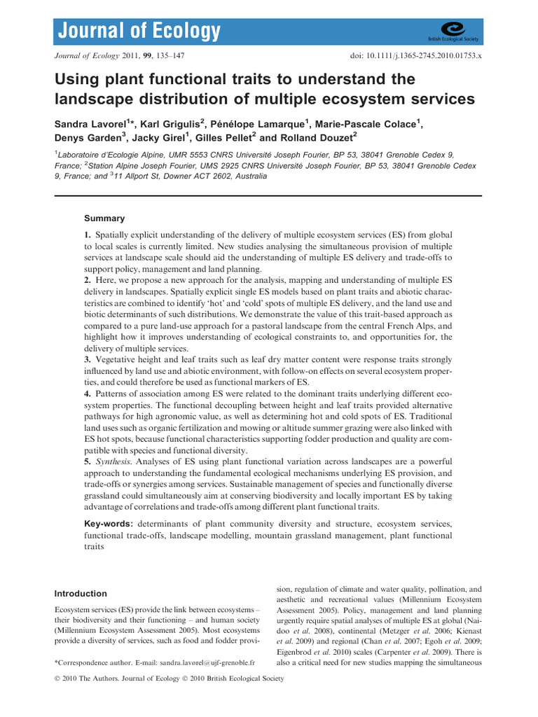 Lavorel (2011) - Using Plant Functional Traits To Understand The ...