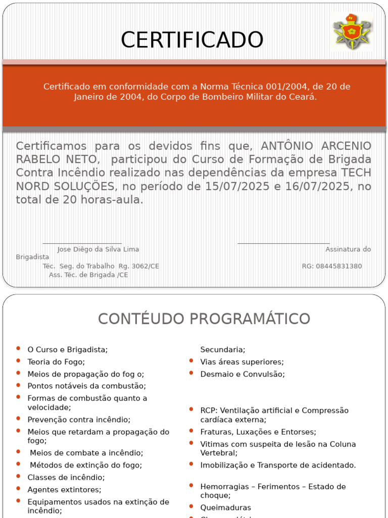 CERTIFICADO BRIGADA INCENDIO - Antônio Arcenio | PDF