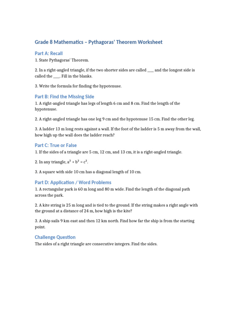 Pythagoras Grade8 Worksheet Pdf