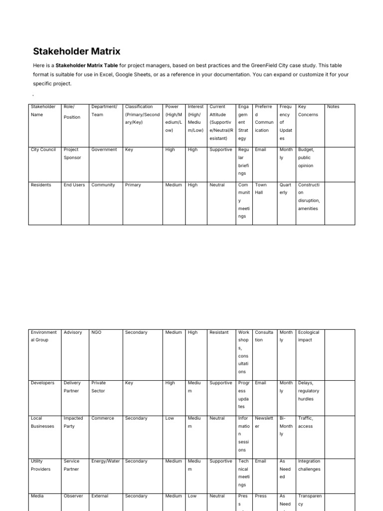 Stakeholder Matrix for Project Management | PDF