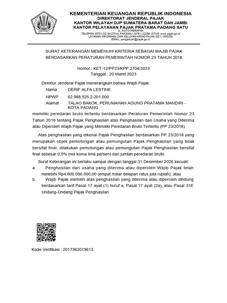 CV. Derif Alfa Lestine (Surat Keterangan PP 23) | PDF