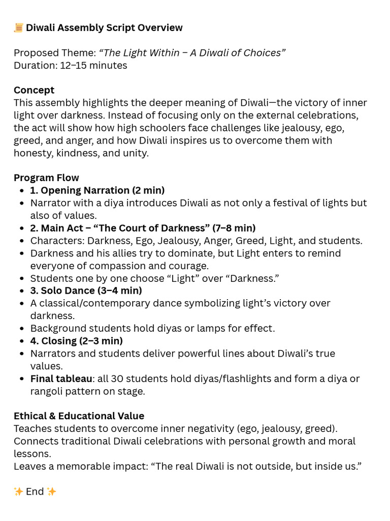 Diwali Assembly Script: The Light Within | PDF