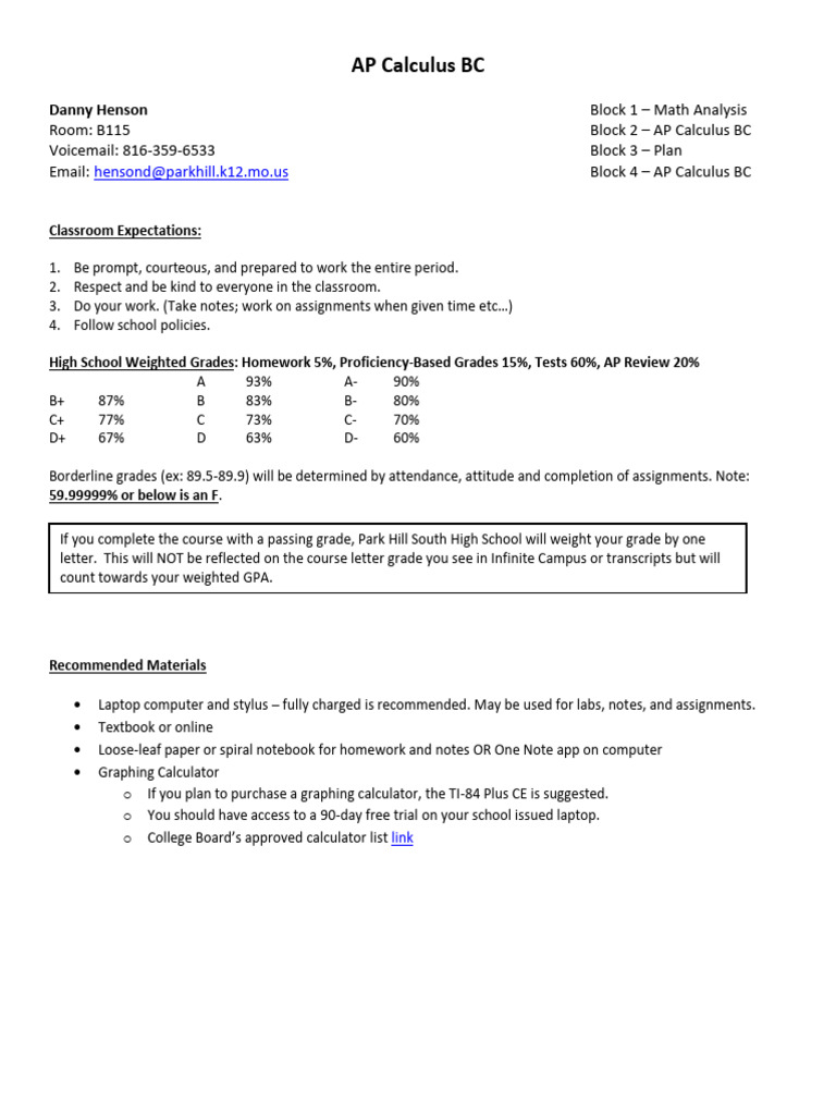 Syllabus+Henson+-+AP+Calculus+BC+2025 2 | PDF | Multiple Choice
