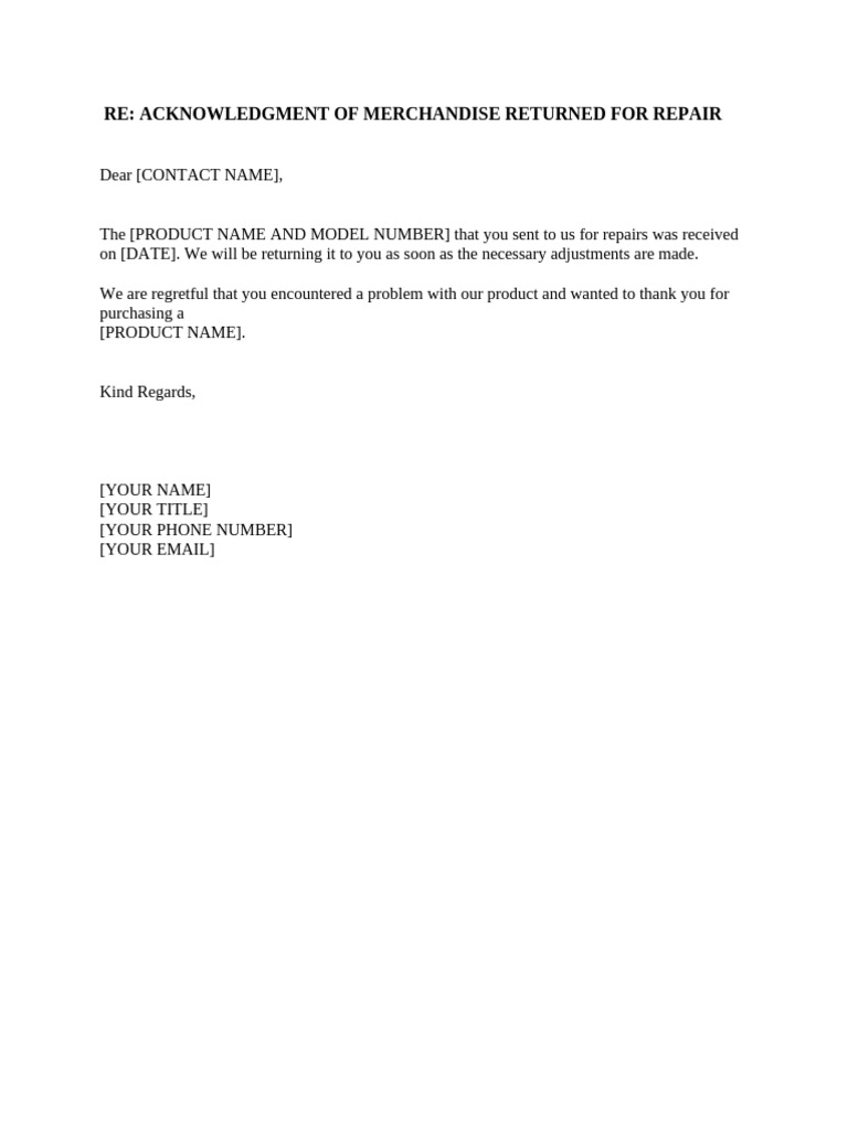 Acknowledgment of Merchandise Returned For Repair | PDF