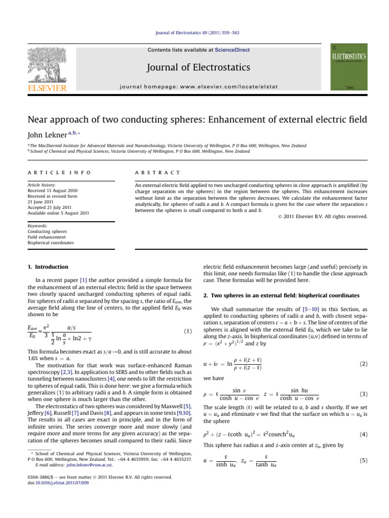 John Lekner - Near Approach of Two Conducting Spheres - Enchancement of ...