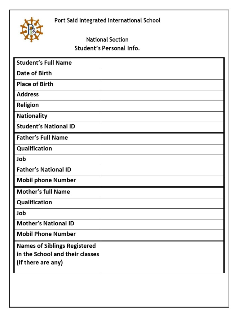 Port Said School Student Info Form | PDF