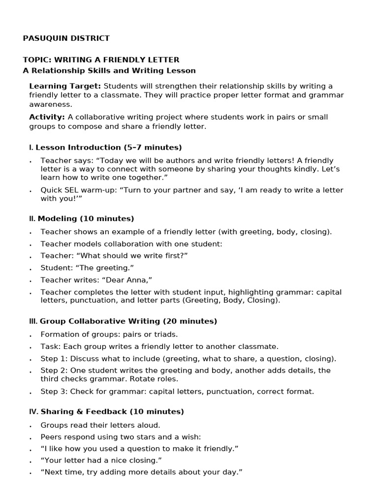 Grade2 LessonPlan FriendlyLetter | PDF | Human Communication | Learning