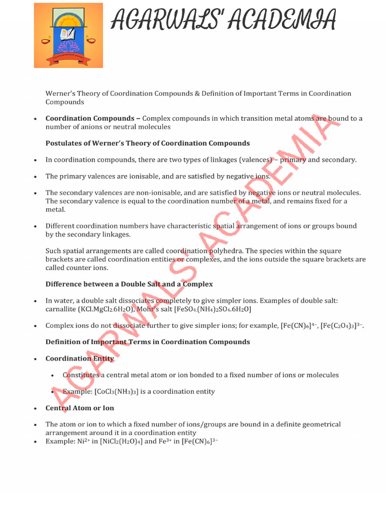 Class 12 Chemistry Coordination Compounds Notes | PDF