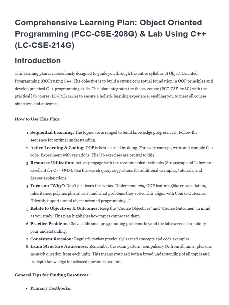 MAIN Learning Plan Object Oriented Programming (PCC-CSE-208G) & Lab Using C++ (LC-CSE-214G ...