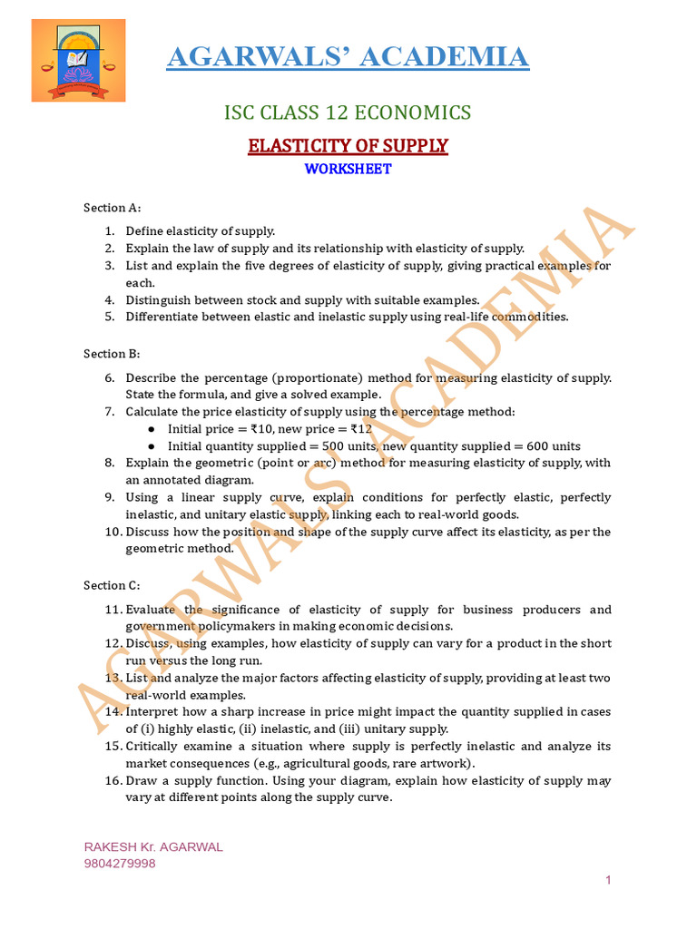 ISC Class 12 Economics: Elasticity of Supply Worksheet | PDF ...