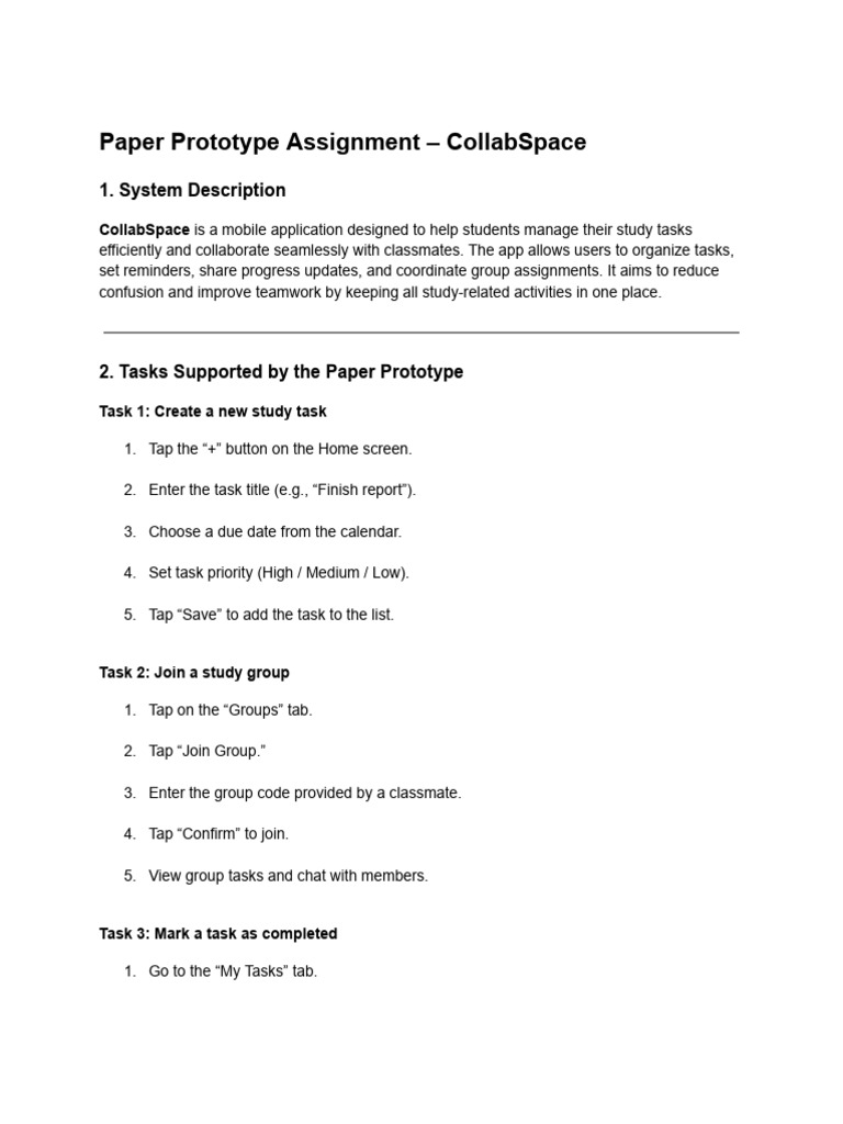 CollabSpace App Paper Prototype Guide | PDF | Usability | System Software