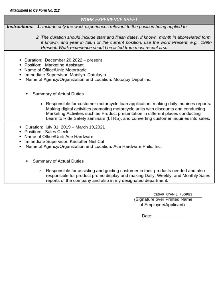 CS Form No. 212 Attachment - Work Experience Sheet | PDF