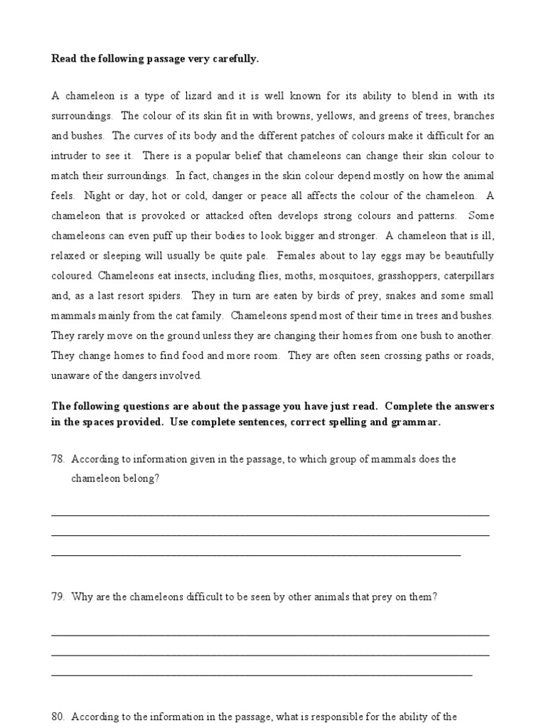 Chameleon Comprehension Passage - Class 4 | Mammals | Color