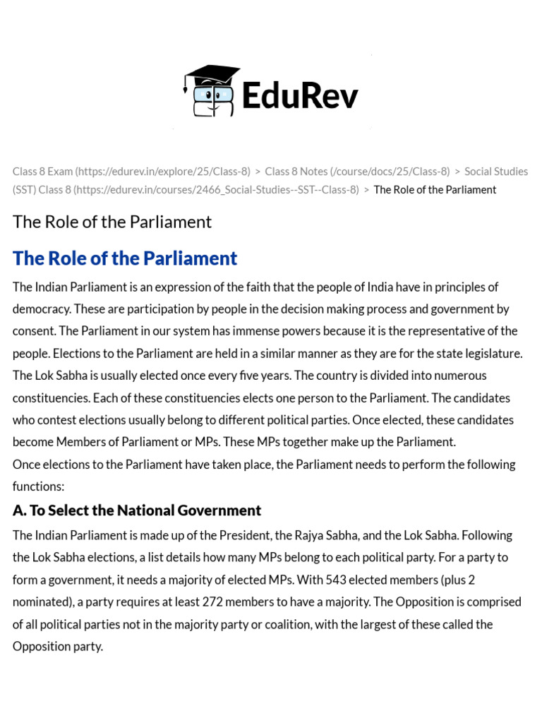 The Role of The Parliament - Social Studies (SST) Class 8 PDF Download ...