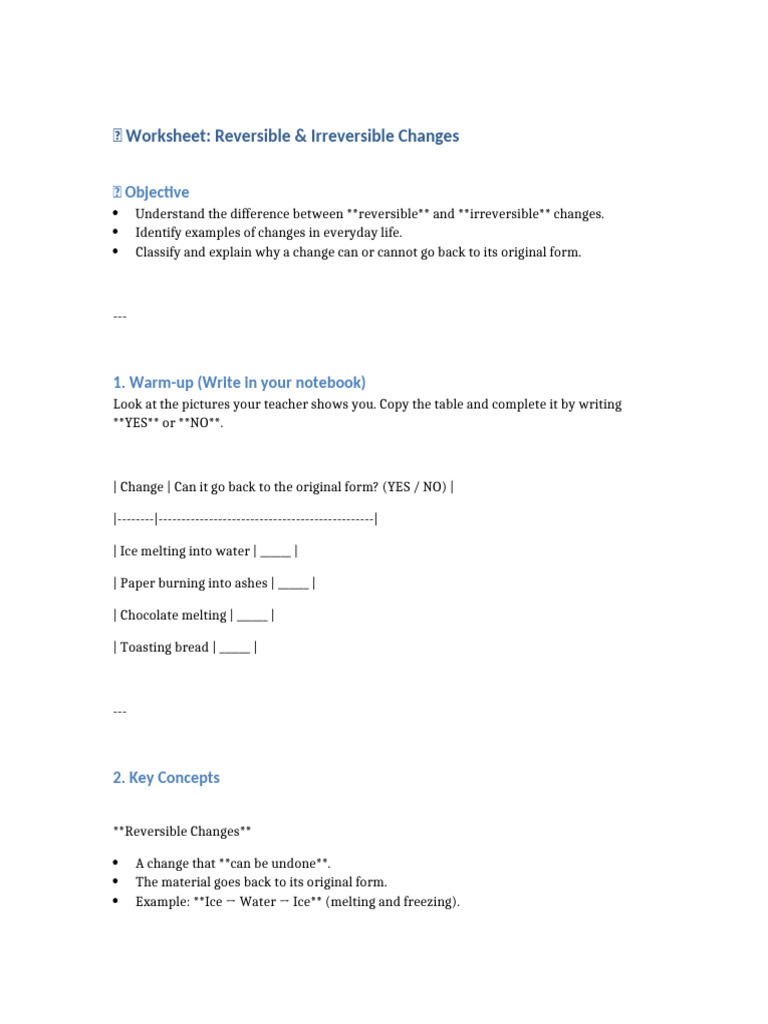 Reversible vs. Irreversible Changes Worksheet | PDF