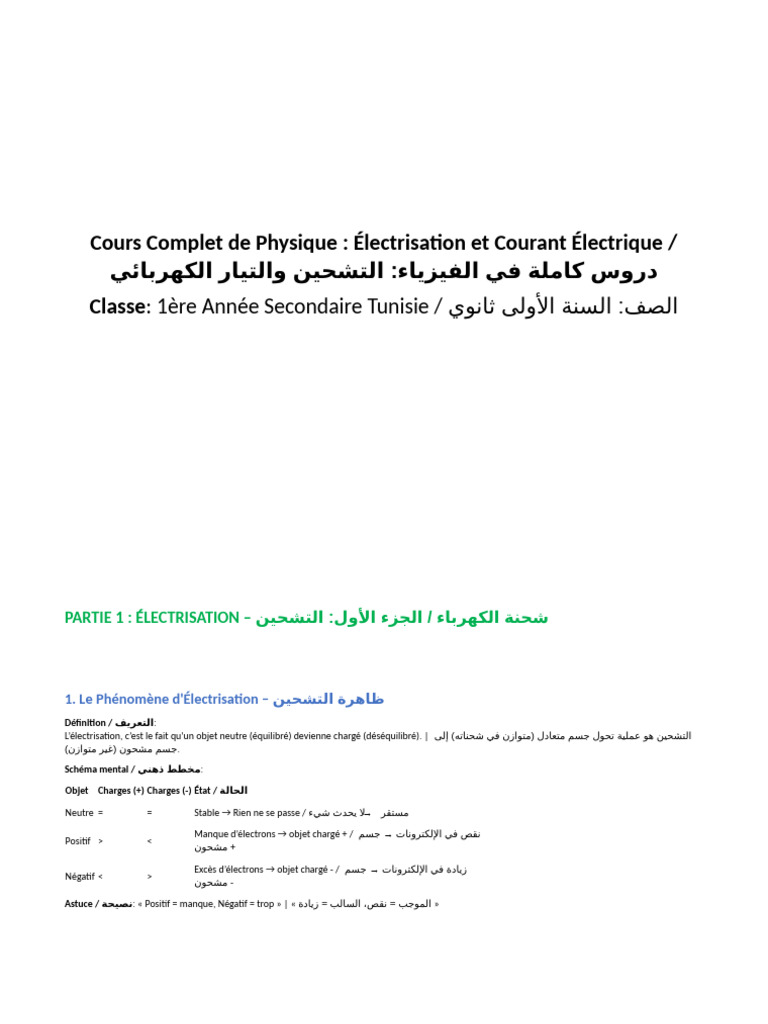 Cours sur Électrisation et Courant Électrique | PDF | Courant ...