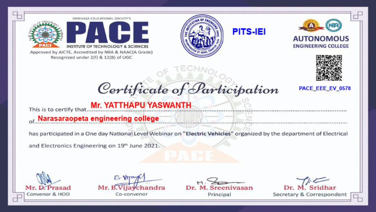 Yatthapu Yaswanth Pace Ev Certificate | PDF