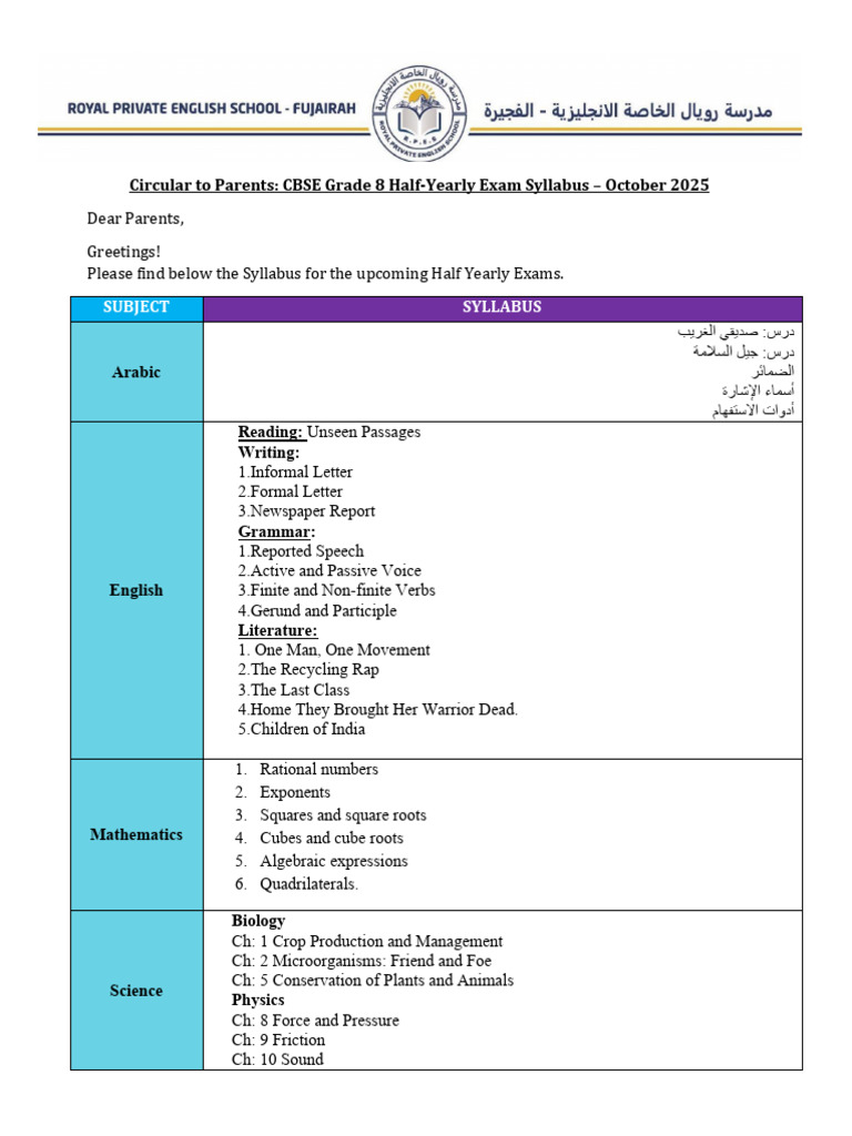 Grade 8 Syllabus Half Yearly Exams 2025-26 | PDF | Linguistics | Syntax