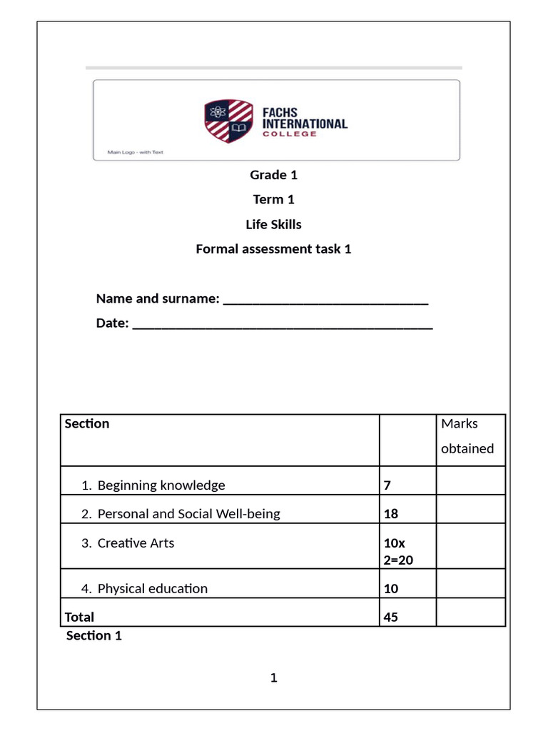 Grade 1 Life Skills Assessment Term 1 | PDF | Learning | Cognitive ...