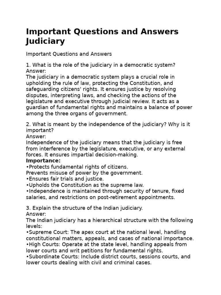 Important Questions and Answers Judiciary | PDF | Supreme Court Of The ...