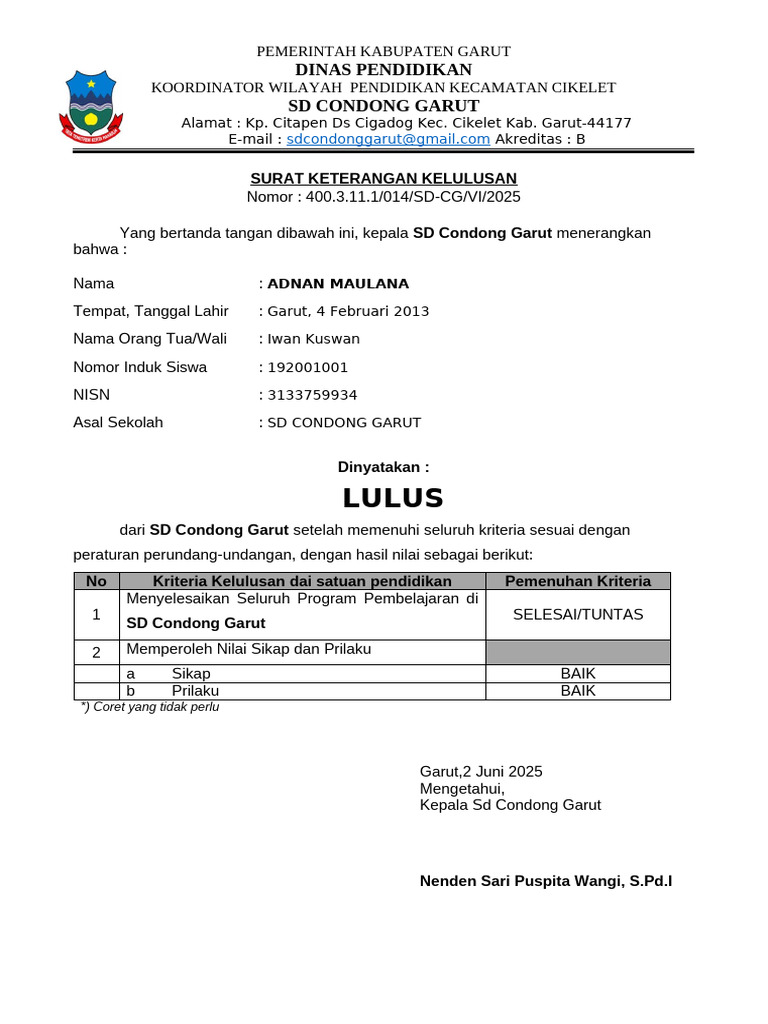 Surat Keterangan Kelulusan Kelas 6 | PDF