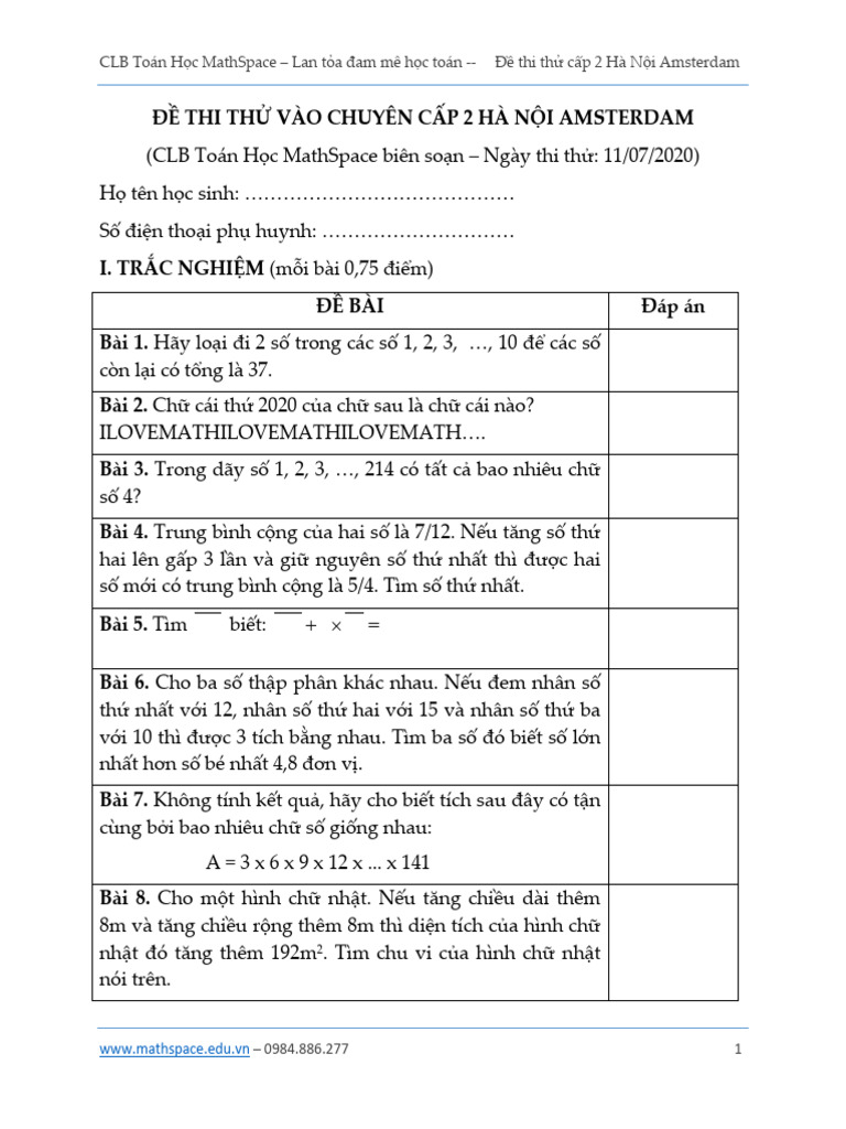 De Thi Thu Vao Chuyen Cap 2 Ha Noi Amsterdam Lan 2 | PDF