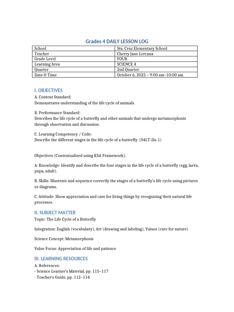 Grade 4 Butterfly Life Cycle Lesson Plan | PDF | Butterfly | Pupa