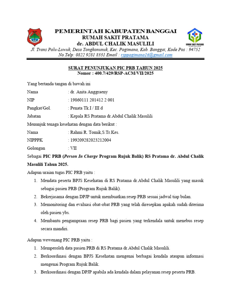 Surat Penunjukan Pic PRB 2025 | PDF