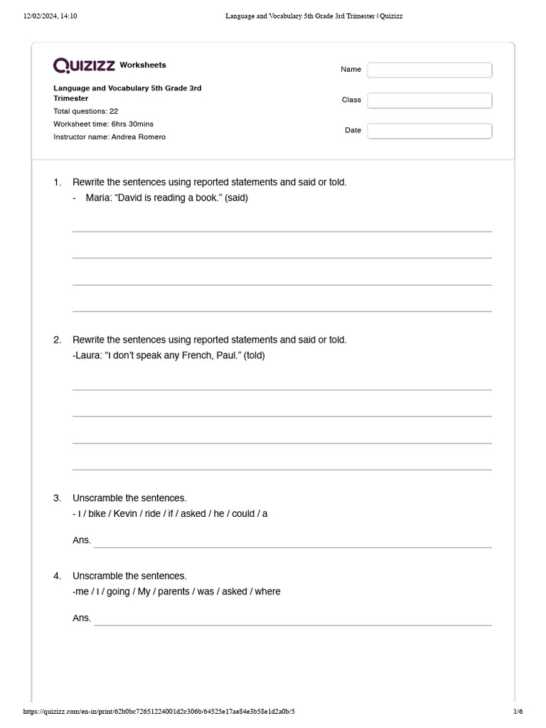 5th Grade Language & Vocabulary Quiz | PDF | Vocabulary | Linguistic ...