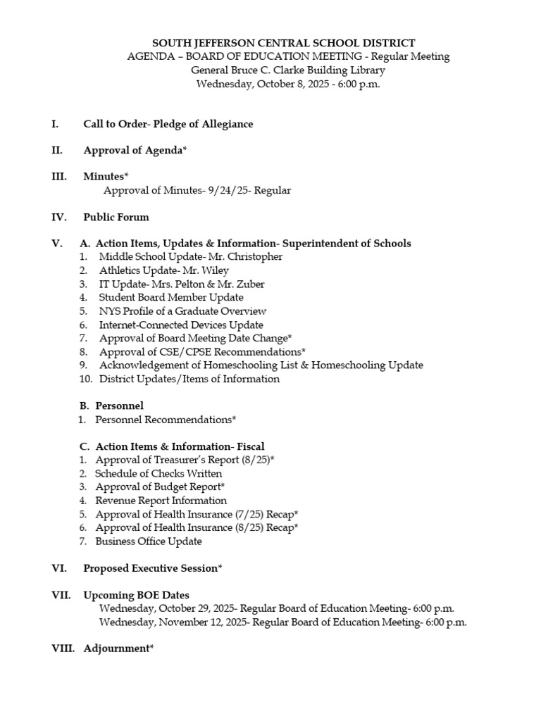 South Jefferson School Board Agenda | PDF
